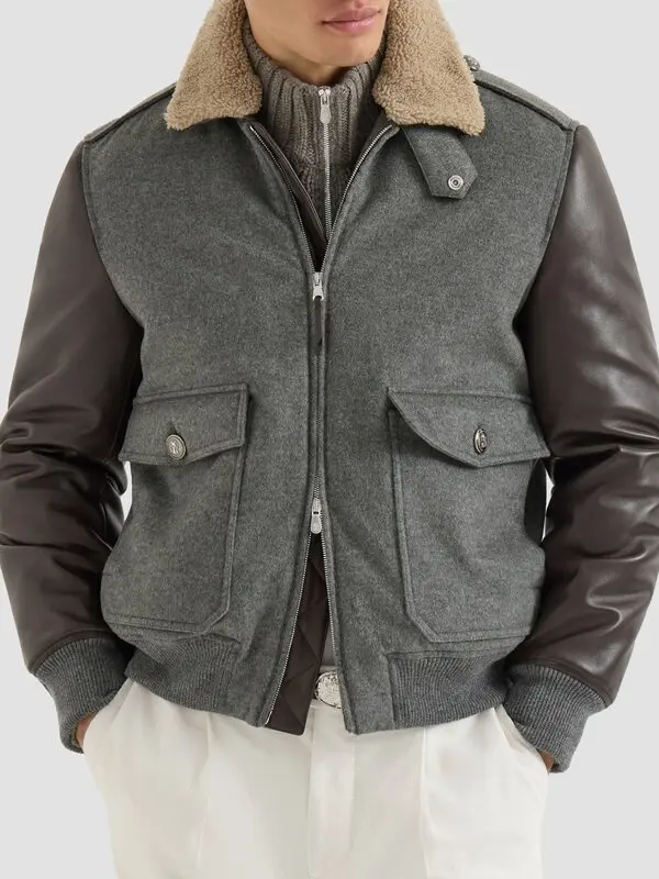 Brunello Cucinelli Bonded Cashmere Beaver Cloth And Nappa Leather Bomber Jacket