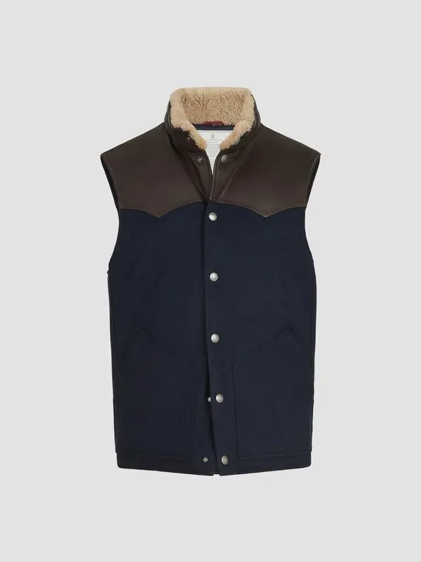 Brunello Cucinelli Bonded Wool Down Vest With Shearling Collar And Nappa Leather Inserts