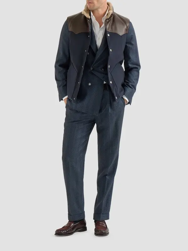 Brunello Cucinelli Bonded Wool Down Vest With Shearling Collar And Nappa Leather Inserts