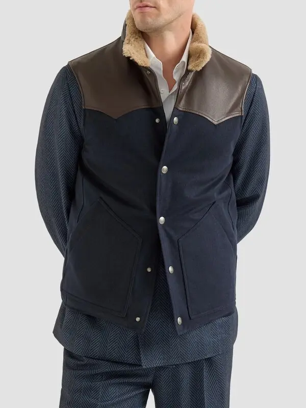 Brunello Cucinelli Bonded Wool Down Vest With Shearling Collar And Nappa Leather Inserts