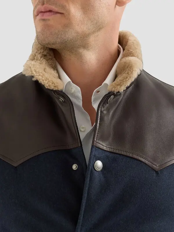 Brunello Cucinelli Bonded Wool Down Vest With Shearling Collar And Nappa Leather Inserts