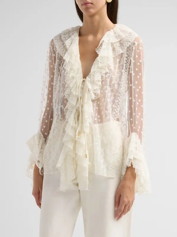Alberta Ferretti Dot-embroidered Tulle Blouse