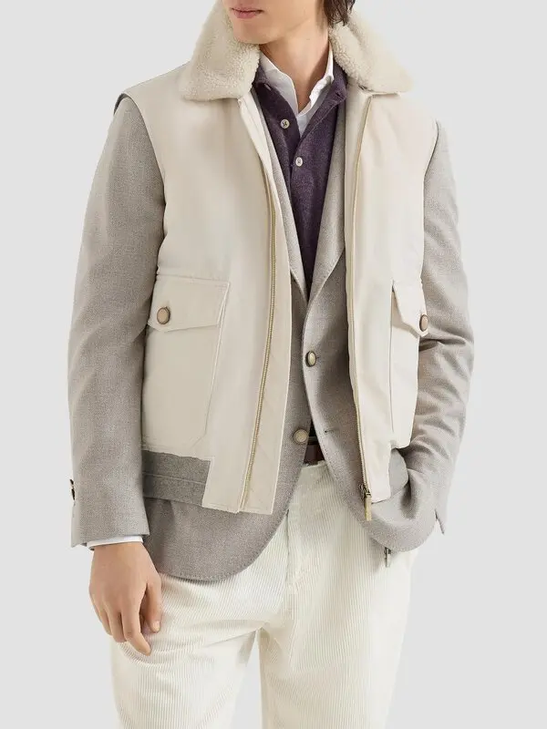 Brunello Cucinelli Waxed Techno Cotton Down Vest With Detachable Shearling Collar - Beige