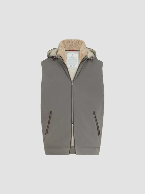 Brunello Cucinelli Waxed Techno Cotton Down Vest With Detachable Hood