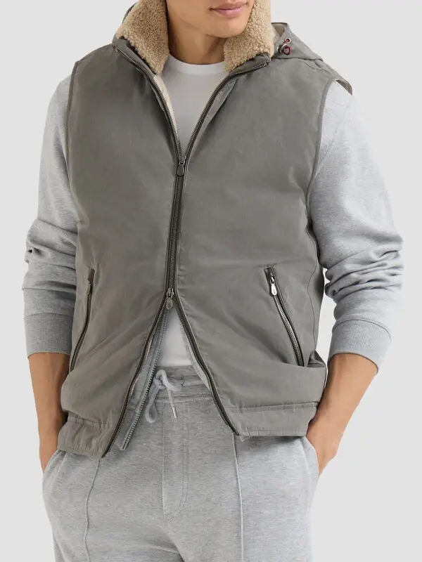Brunello Cucinelli Waxed Techno Cotton Down Vest With Detachable Hood