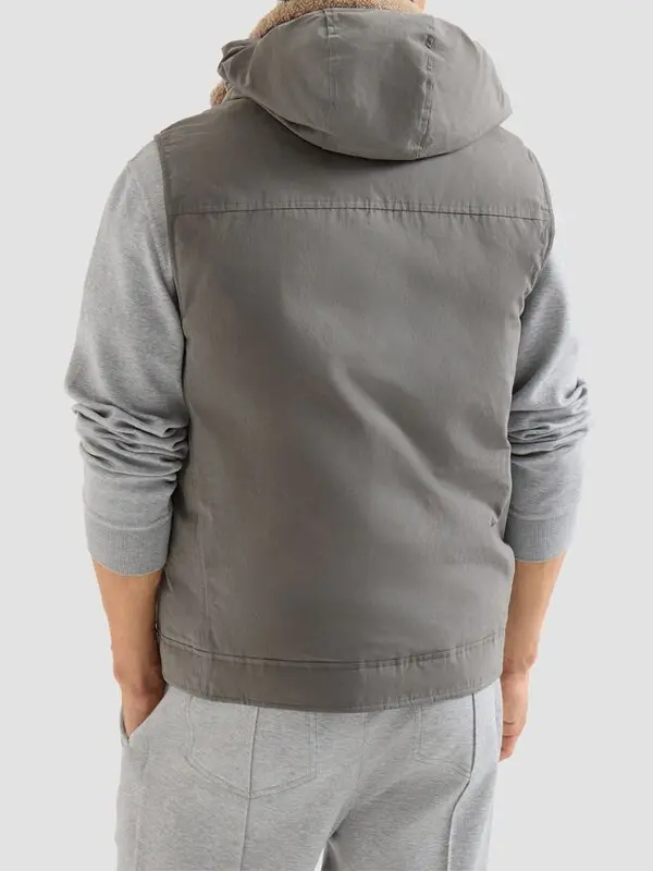 Brunello Cucinelli Waxed Techno Cotton Down Vest With Detachable Hood