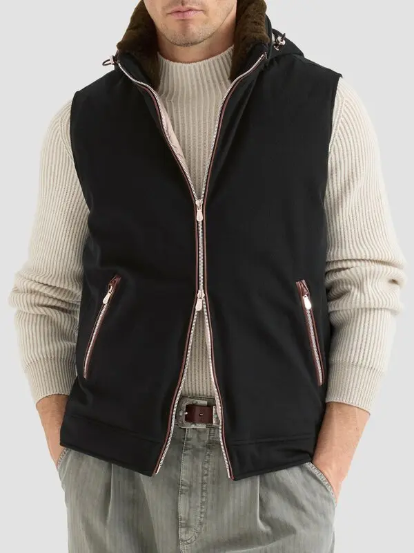 Brunello Cucinelli Bonded Wool Flannel Hooded Down Vest With Detachable Shearling Insert