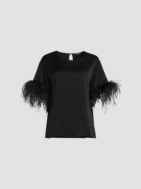 UNGARO Aria Feather-trim Satin Blouse - Black
