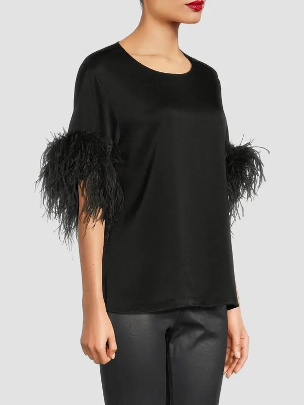 UNGARO Aria Feather-trim Satin Blouse - Black