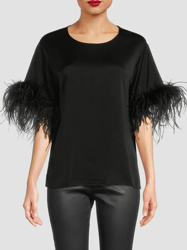 UNGARO Aria Feather-trim Satin Blouse - Black