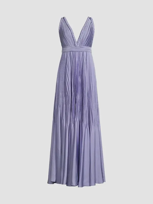 UNGARO Hazel Pleated Satin V-neck Gown