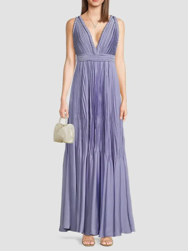 UNGARO Hazel Pleated Satin V-neck Gown