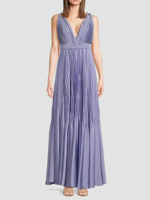 UNGARO Hazel Pleated Satin V-neck Gown