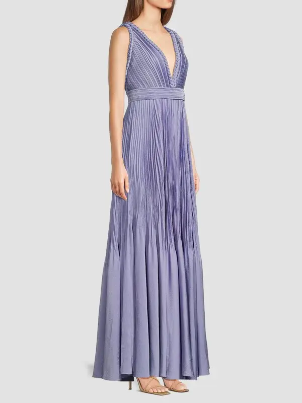 UNGARO Hazel Pleated Satin V-neck Gown