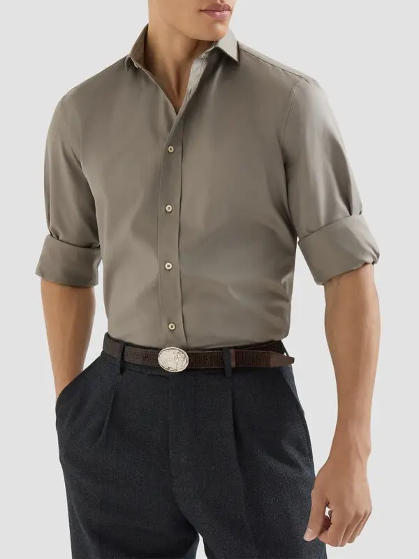 Brunello Cucinelli Gart-dyed Twill Shirt With Spread Collar - Khaki