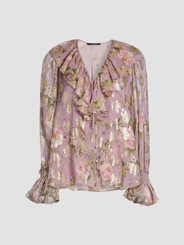 Kobi Halperin Leia Metallic Floral Jacquard Ruffle Blouse