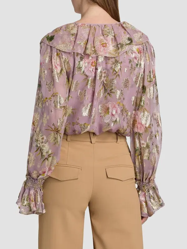 Kobi Halperin Leia Metallic Floral Jacquard Ruffle Blouse