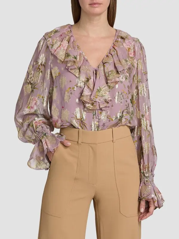 Kobi Halperin Leia Metallic Floral Jacquard Ruffle Blouse