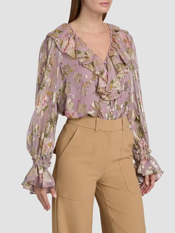 Kobi Halperin Leia Metallic Floral Jacquard Ruffle Blouse
