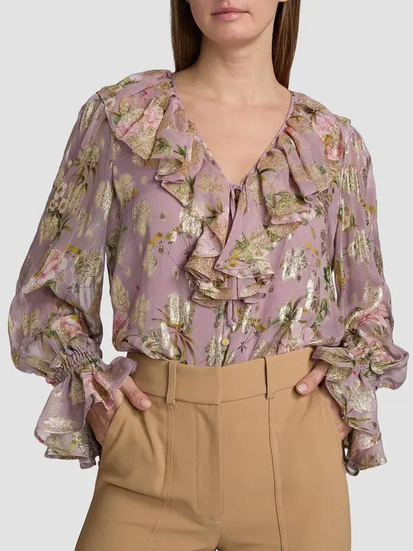 Kobi Halperin Leia Metallic Floral Jacquard Ruffle Blouse