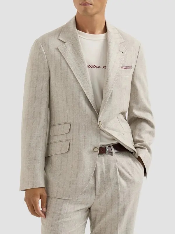 Brunello Cucinelli Striped Cashmere And Silk Diagonal Flannel Deconstructed Cavallo Blazer