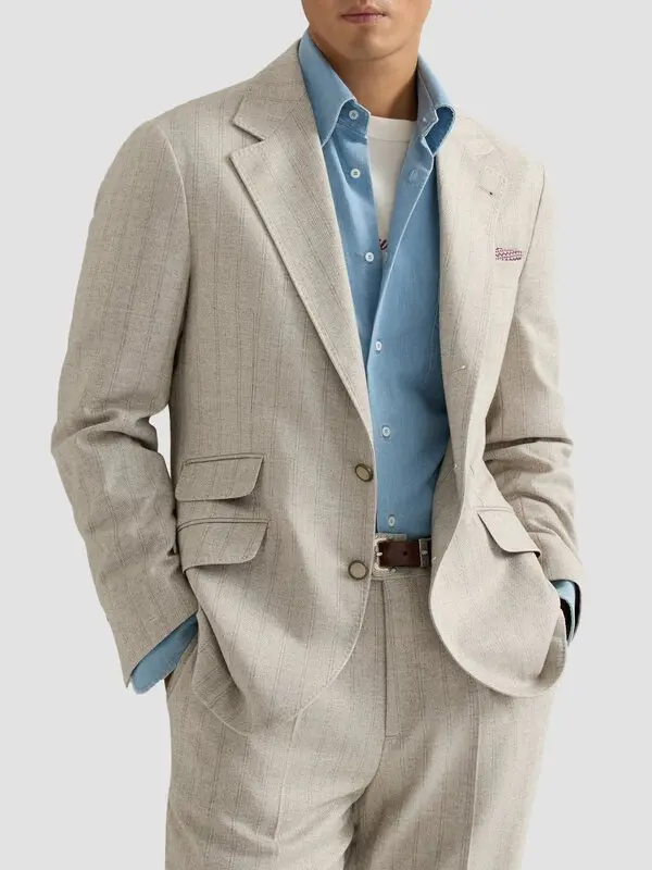 Brunello Cucinelli Striped Cashmere And Silk Diagonal Flannel Deconstructed Cavallo Blazer