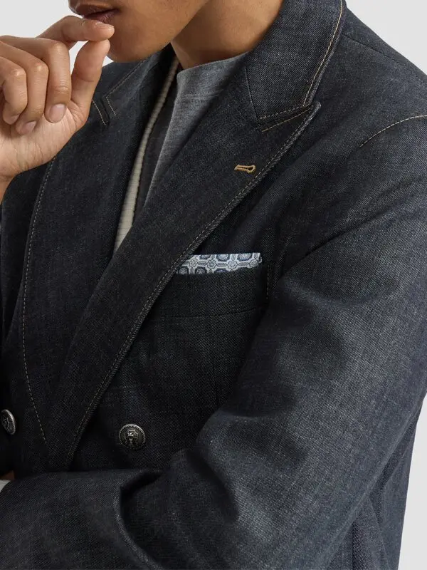 Brunello Cucinelli Silk Pocket Square With Geometric Design - Blue