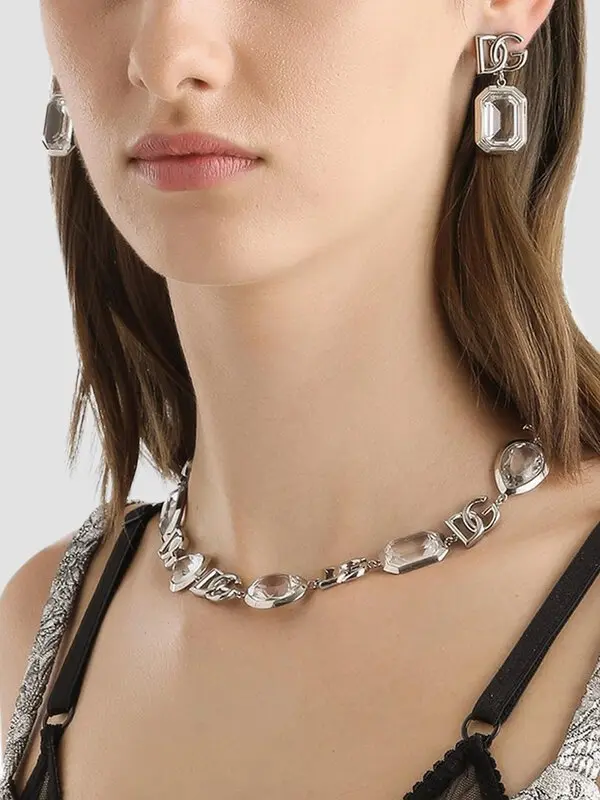 Dolce & Gabbana Silvertone & Crystal Logo Drop Earrings