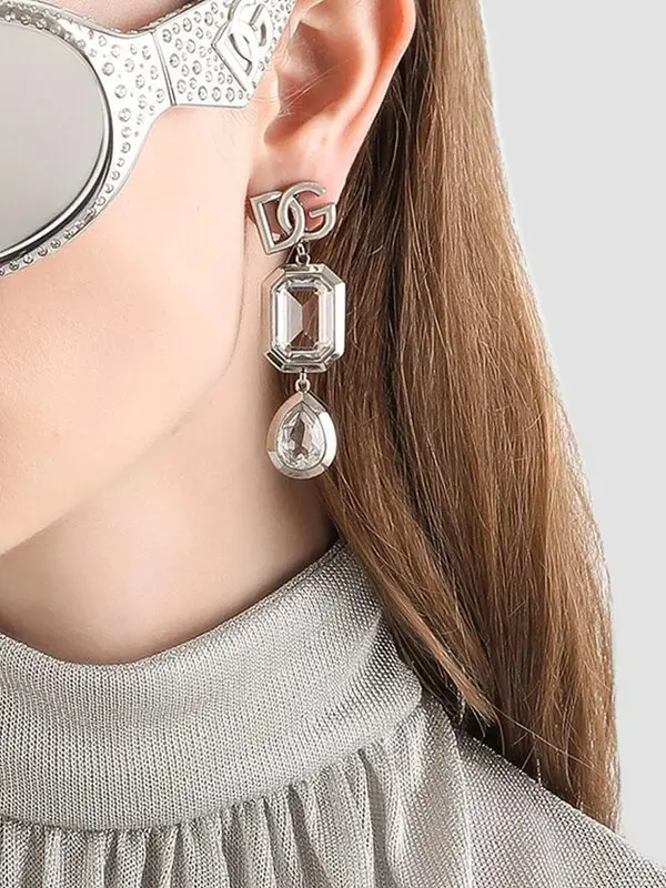 Dolce & Gabbana Silvertone & Crystal Logo Long Drop Earrings