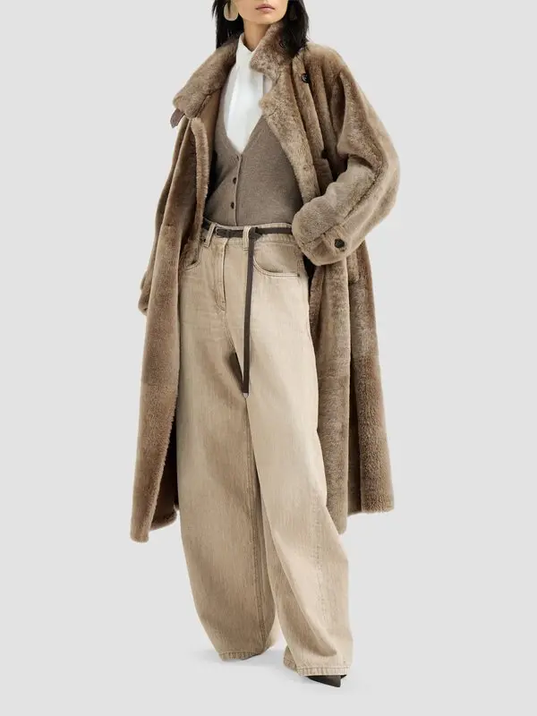 Brunello Cucinelli Shearling Coat With Belt And Monili