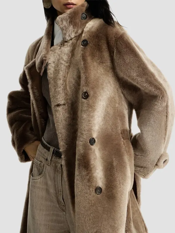 Brunello Cucinelli Shearling Coat With Belt And Monili