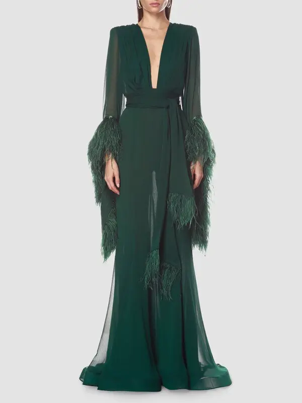 BRONX BANCO Geisha Feather-trim Chiffon Gown - Green