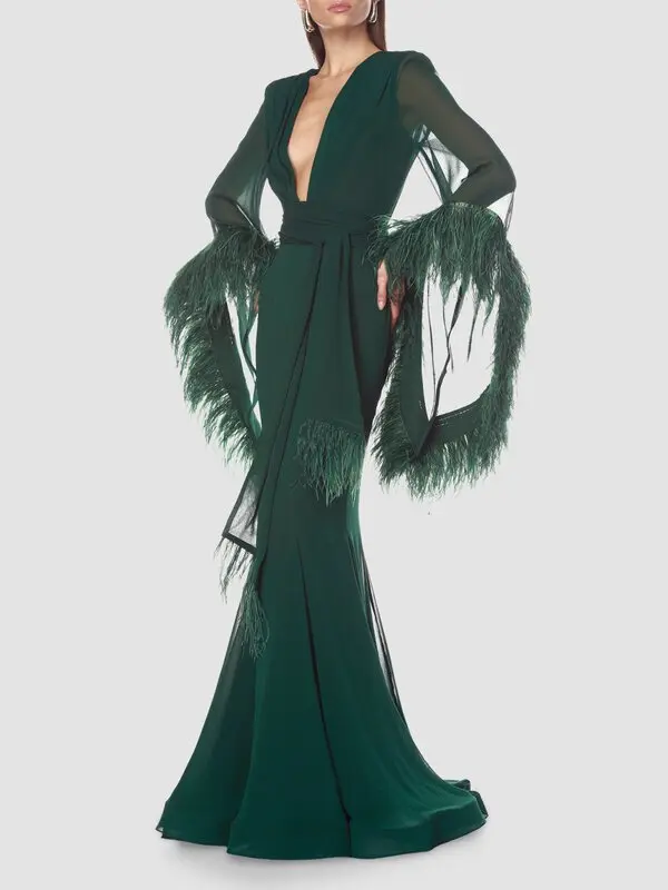 BRONX BANCO Geisha Feather-trim Chiffon Gown - Green