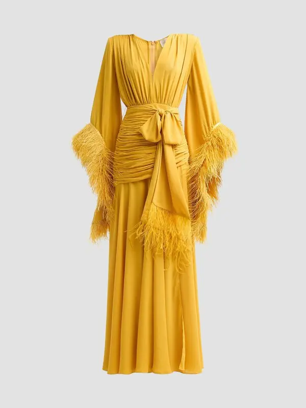 BRONX BANCO Geisha Ruched Feather-trimmed Maxi Dress