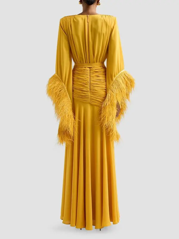 BRONX BANCO Geisha Ruched Feather-trimmed Maxi Dress