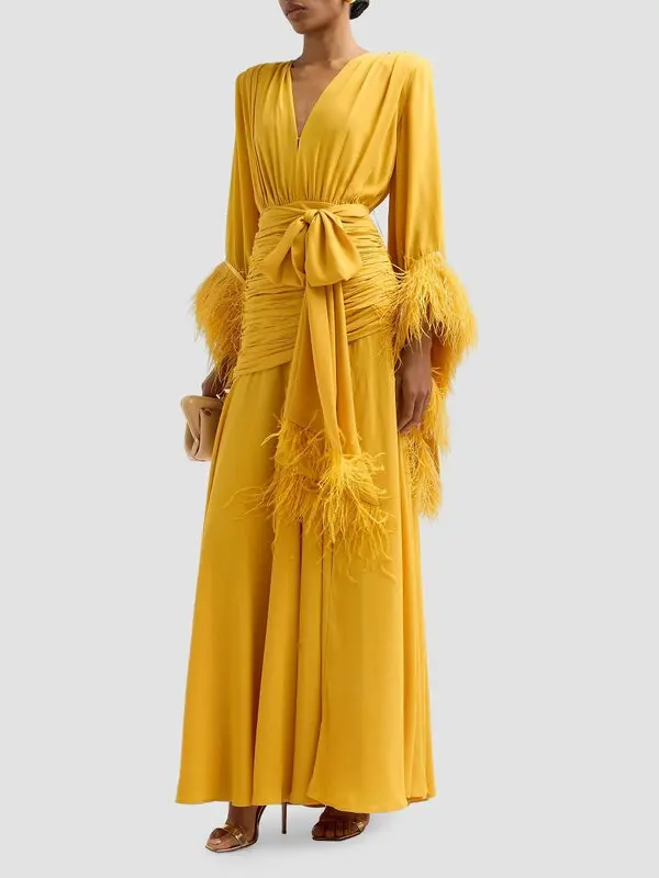 BRONX BANCO Geisha Ruched Feather-trimmed Maxi Dress