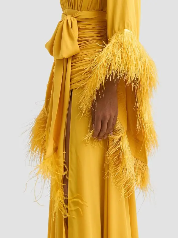 BRONX BANCO Geisha Ruched Feather-trimmed Maxi Dress