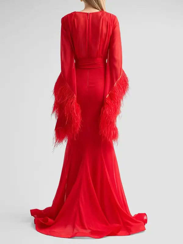 BRONX BANCO Geisha Ostrich Feather-trim Gown - Flame