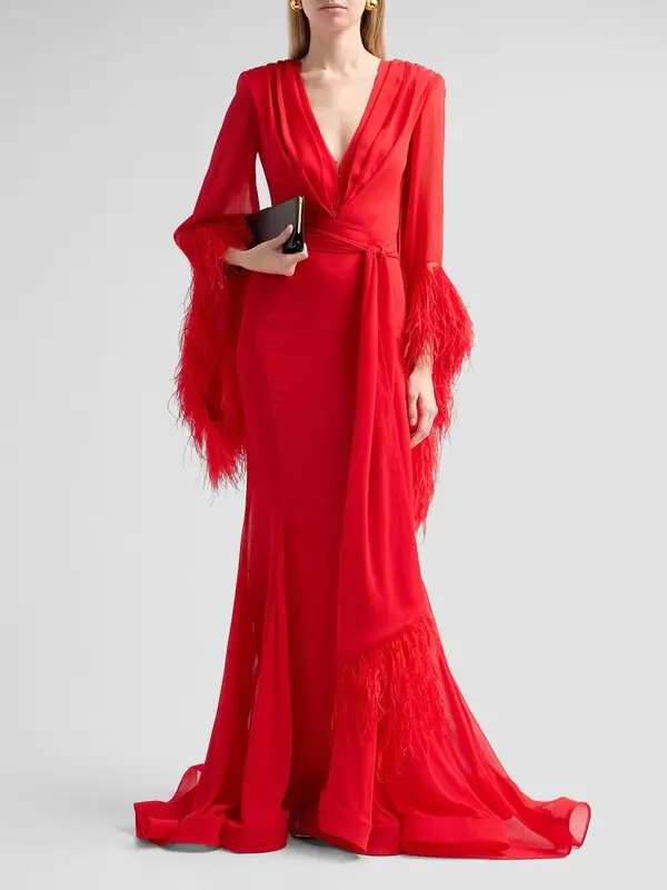 BRONX BANCO Geisha Ostrich Feather-trim Gown - Flame