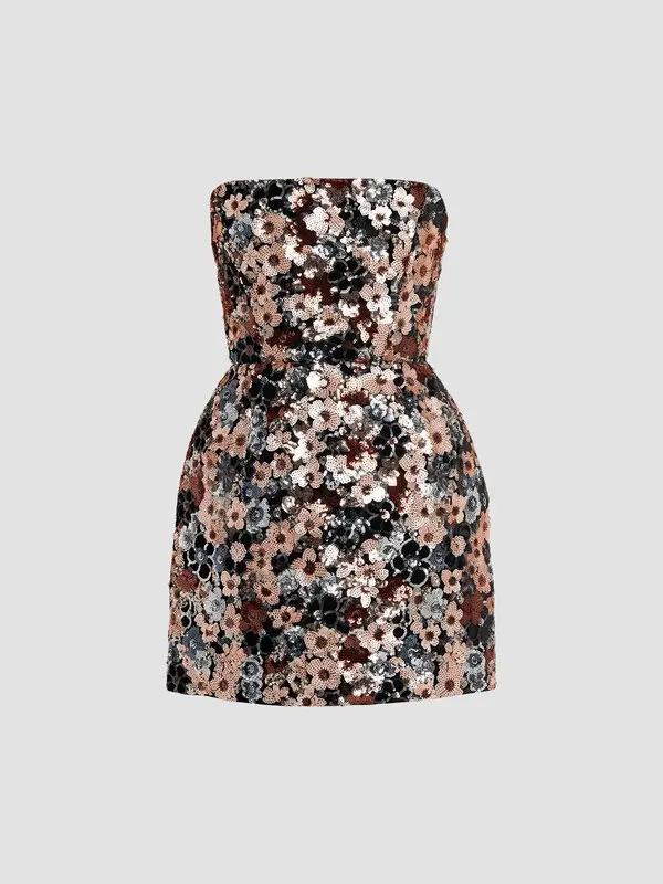 BRONX BANCO Maraya Strapless Floral Sequin Minidress
