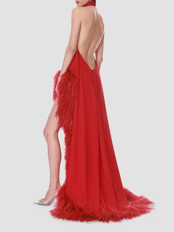 BRONX BANCO Halter Neck Feather-hem Chiffon Gown