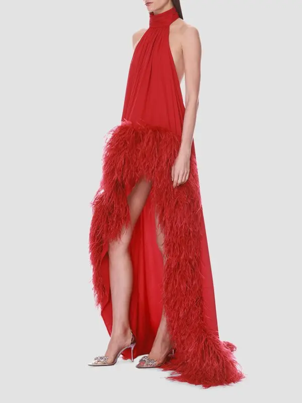BRONX BANCO Halter Neck Feather-hem Chiffon Gown