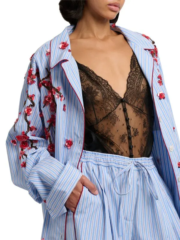 Dolce & Gabbana Oversized Floral-embellished Striped Cotton-silk Shirt
