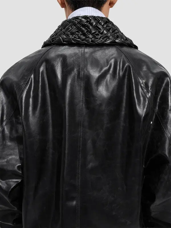 Bottega Veneta Crackled Intrecciato Collar Leather Jacket