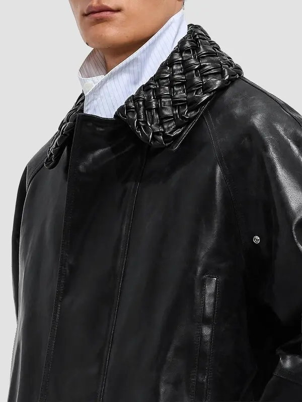 Bottega Veneta Crackled Intrecciato Collar Leather Jacket