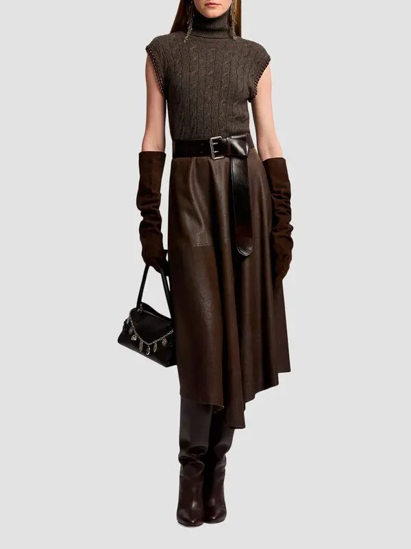 Ralph Lauren Cecilie Distressed Leather A-line Midi Skirt