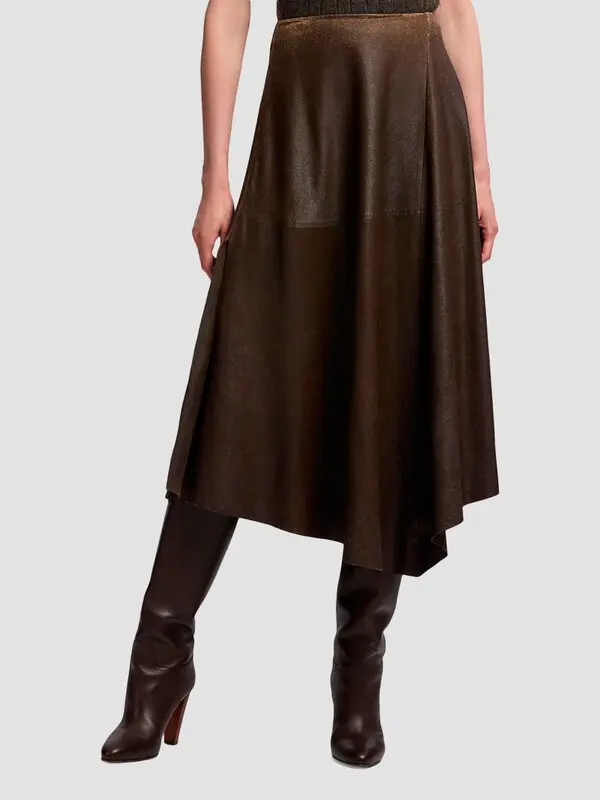 Ralph Lauren Cecilie Distressed Leather A-line Midi Skirt