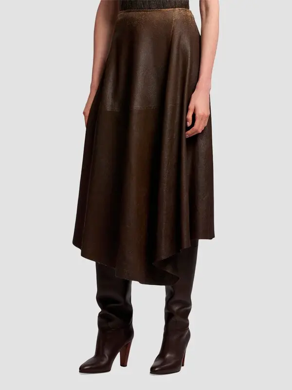 Ralph Lauren Cecilie Distressed Leather A-line Midi Skirt