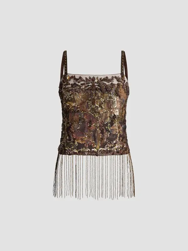 Ralph Lauren Sonara Sequined Tapestry Fringe Top - Brown