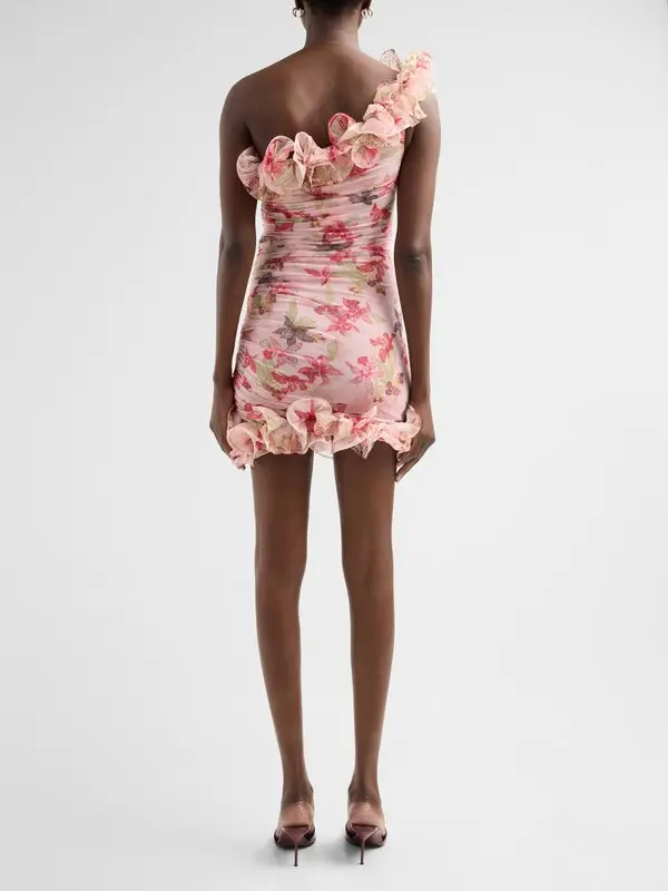 PatBO Orchid Bloom One-shoulder Chiffon Mini Dress